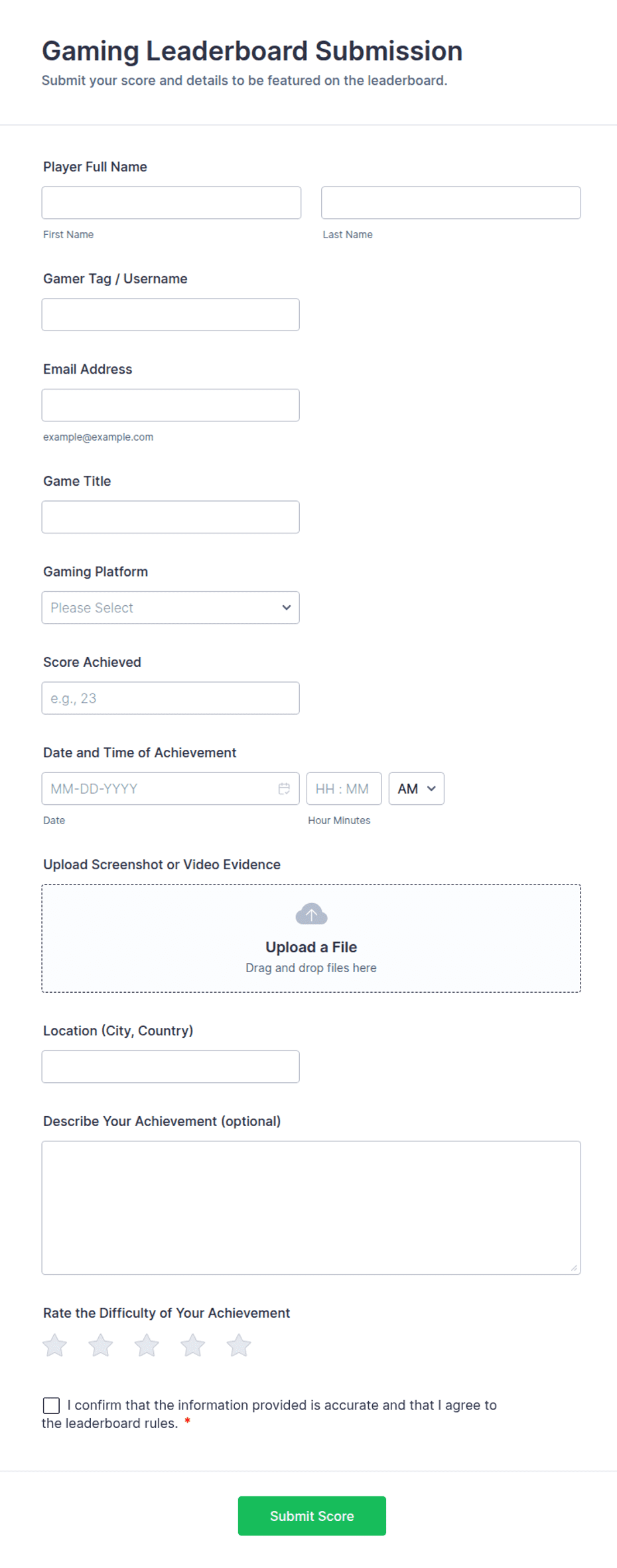 Gaming Leaderboard Submission Form Template | Jotform