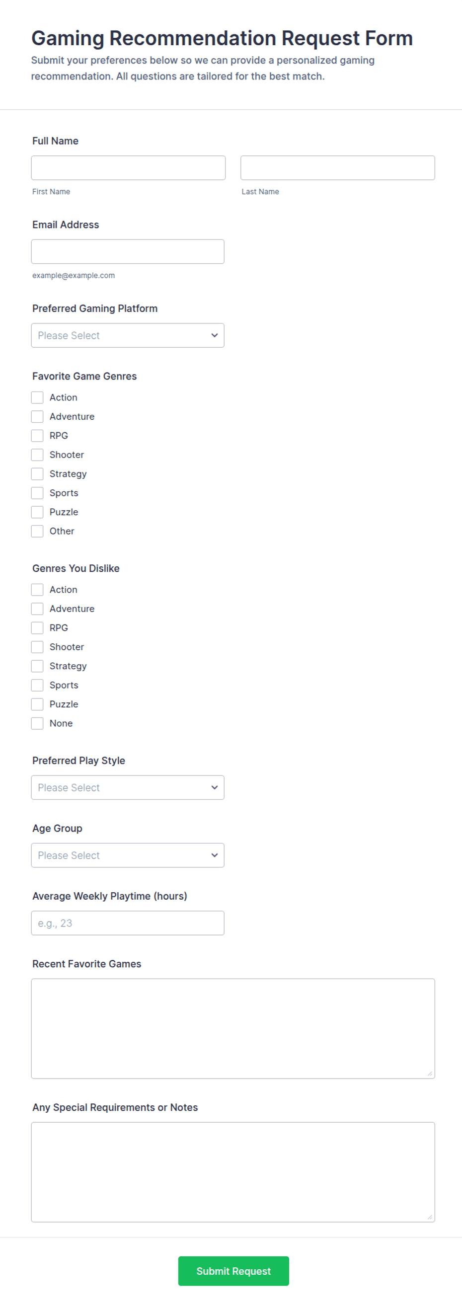 Gaming Recommendation Request Form Template | Jotform