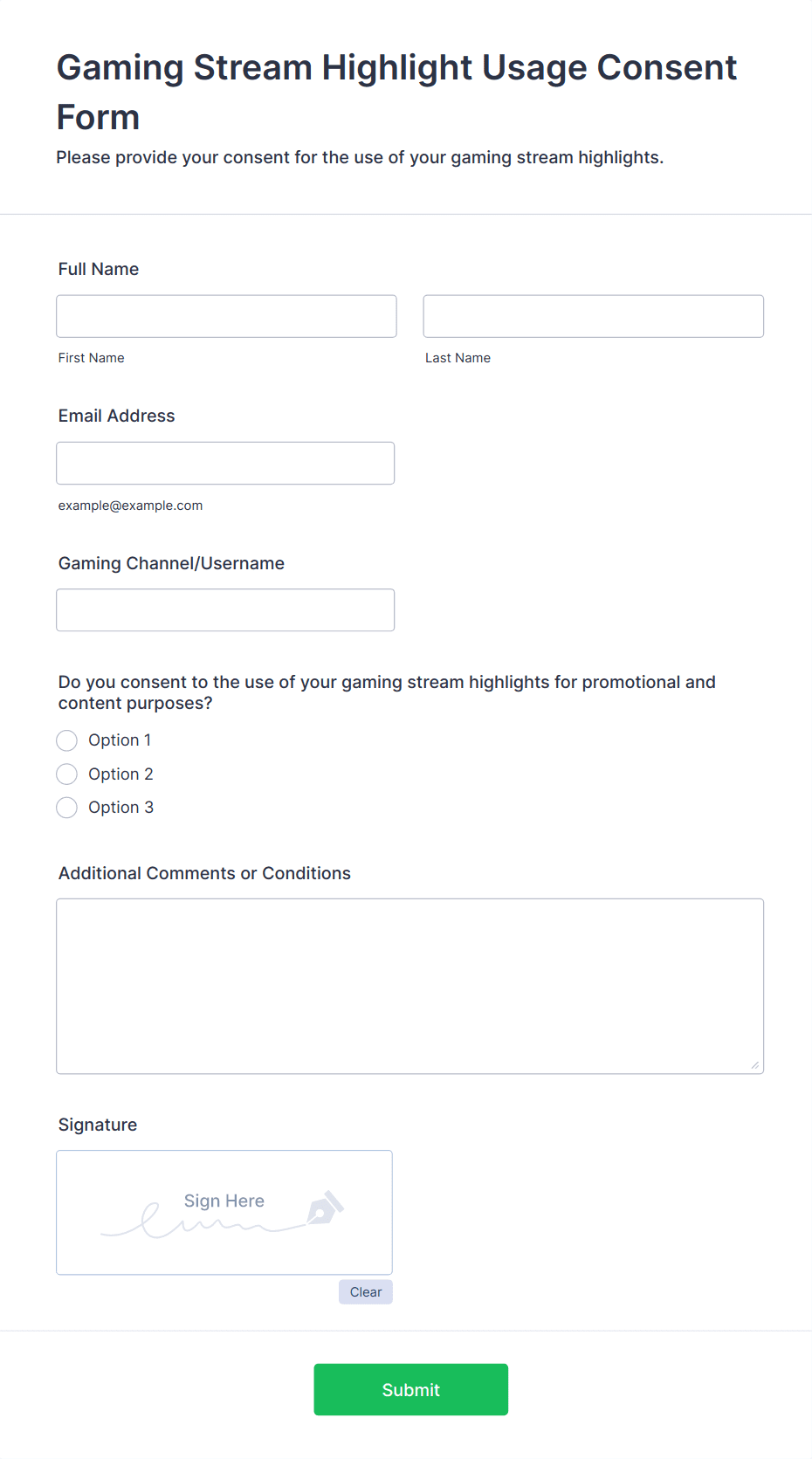 Gaming Stream Highlight Usage Consent Form | Jotform