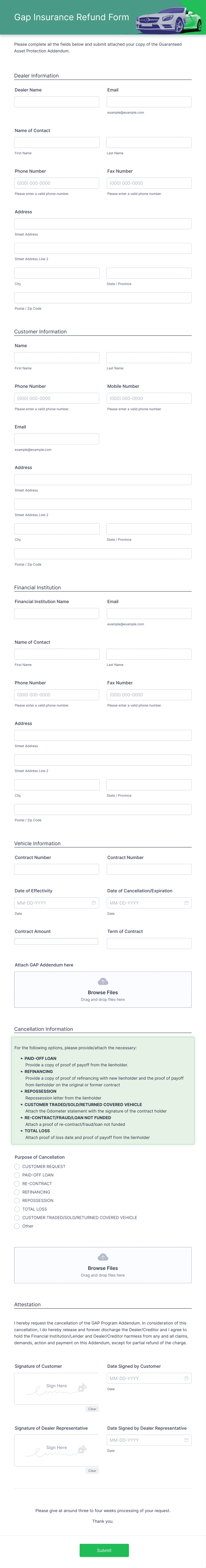 Gap Insurance Refund Form Template | Jotform