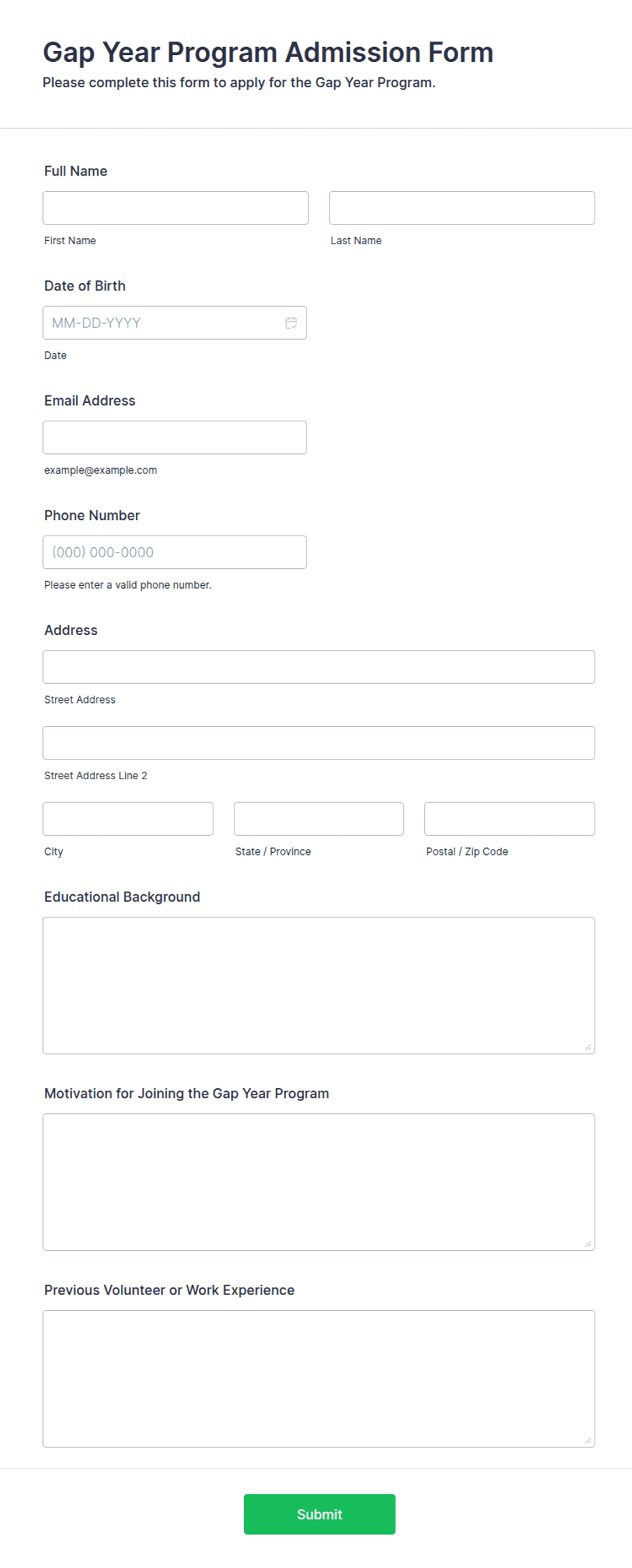 Gap Year Program Admission Form Template | Jotform