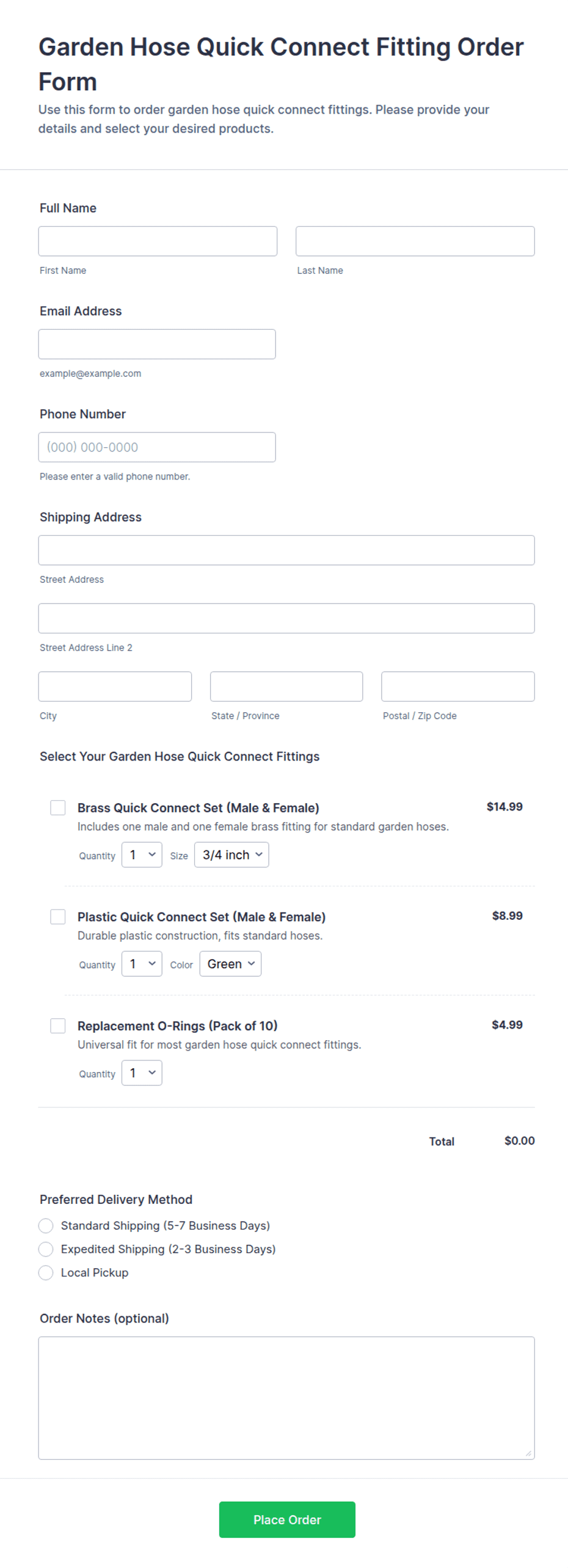 Garden Hose Quick Connect Fitting Order Form Template | Jotform