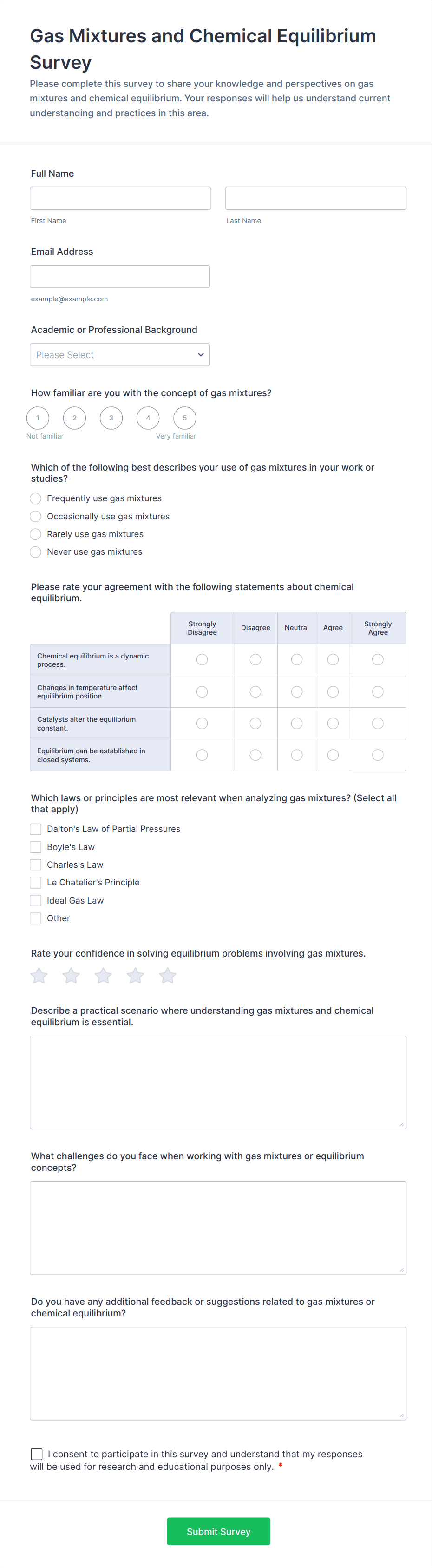 Gas Mixtures and Chemical Equilibrium Survey Form Template | Jotform