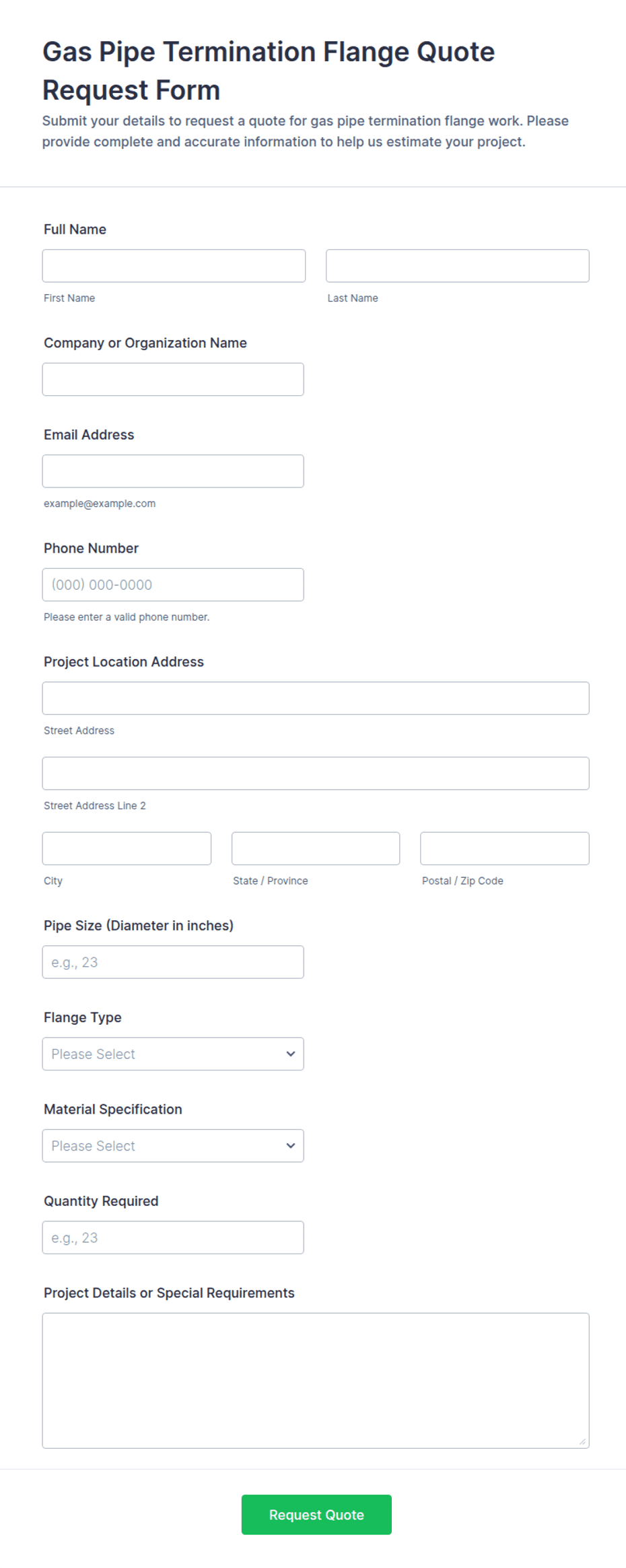 Gas Pipe Termination Flange Quote Request Form Template | Jotform