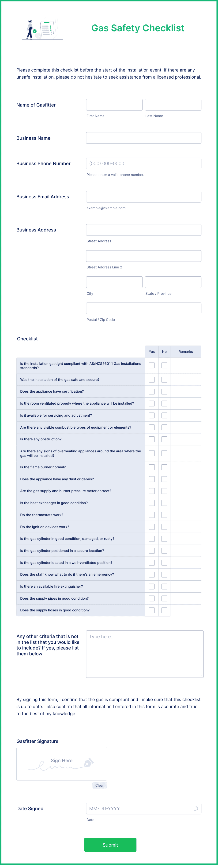 Gas Safety Checklist Form Template | Jotform