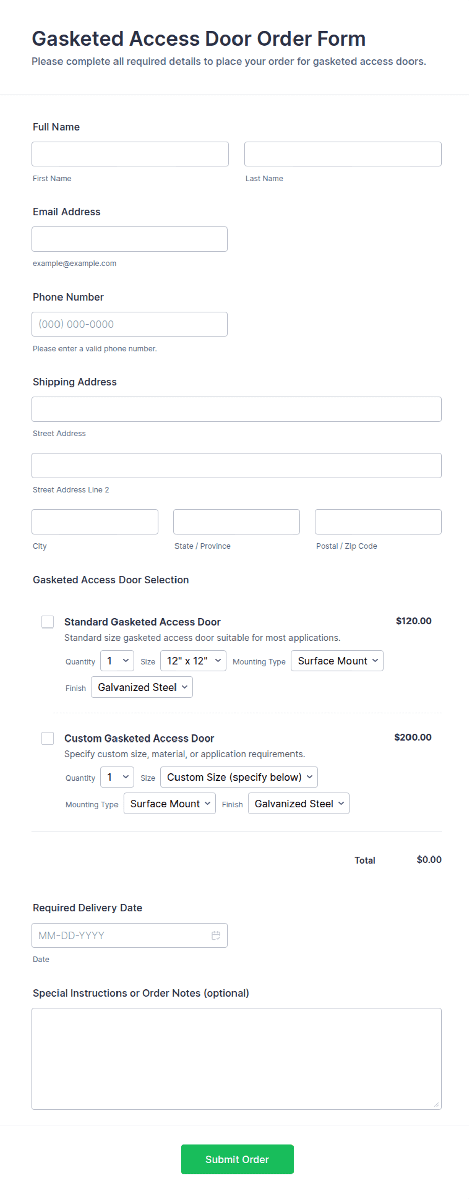 Gasketed Access Door Order Form Template | Jotform