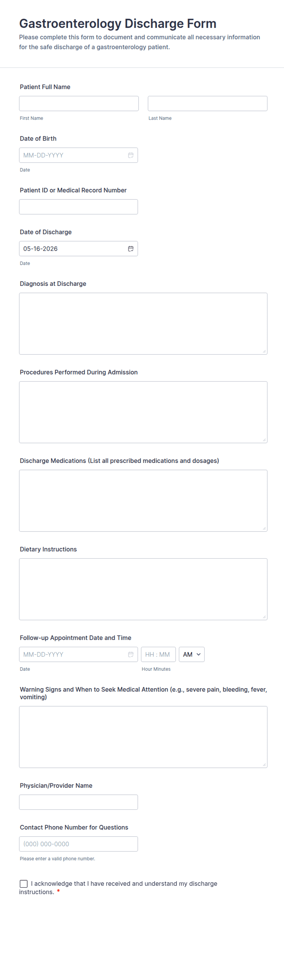 Gastroenterology Discharge Form Template | Jotform