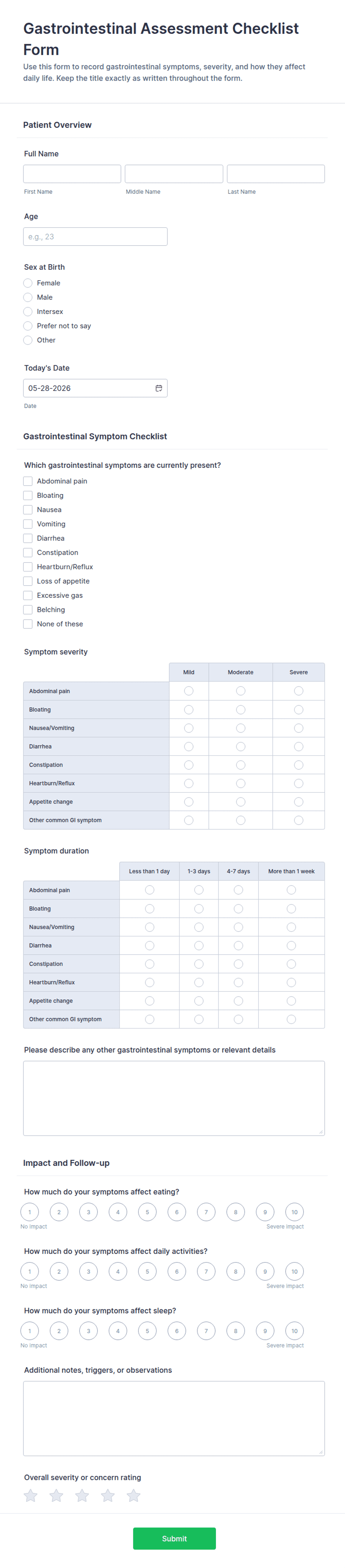 Gastrointestinal Assessment Checklist Form Template | Jotform