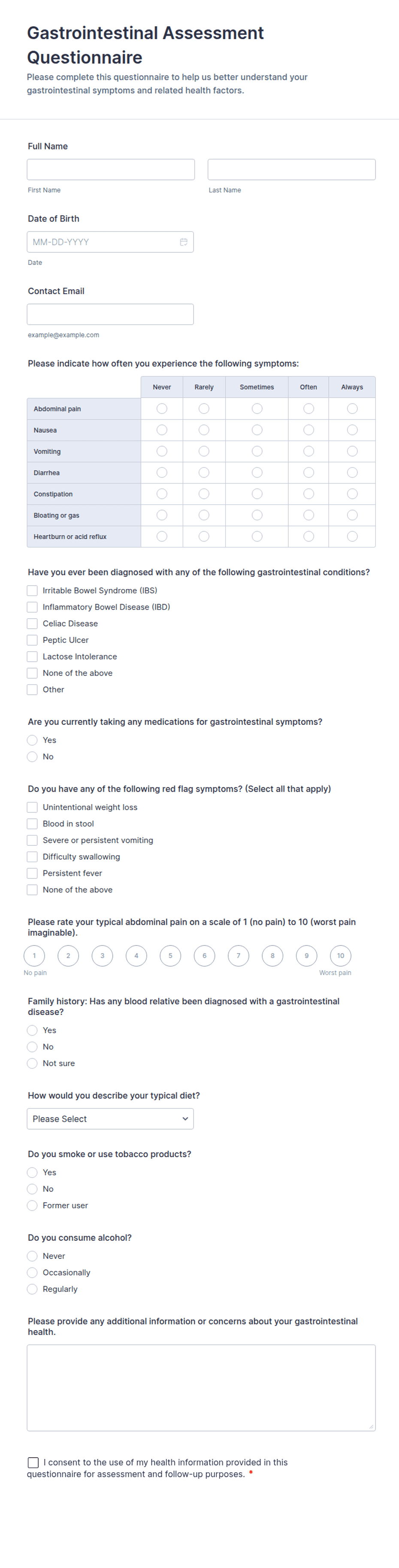 Gastrointestinal Assessment Questionnaire Form Template | Jotform
