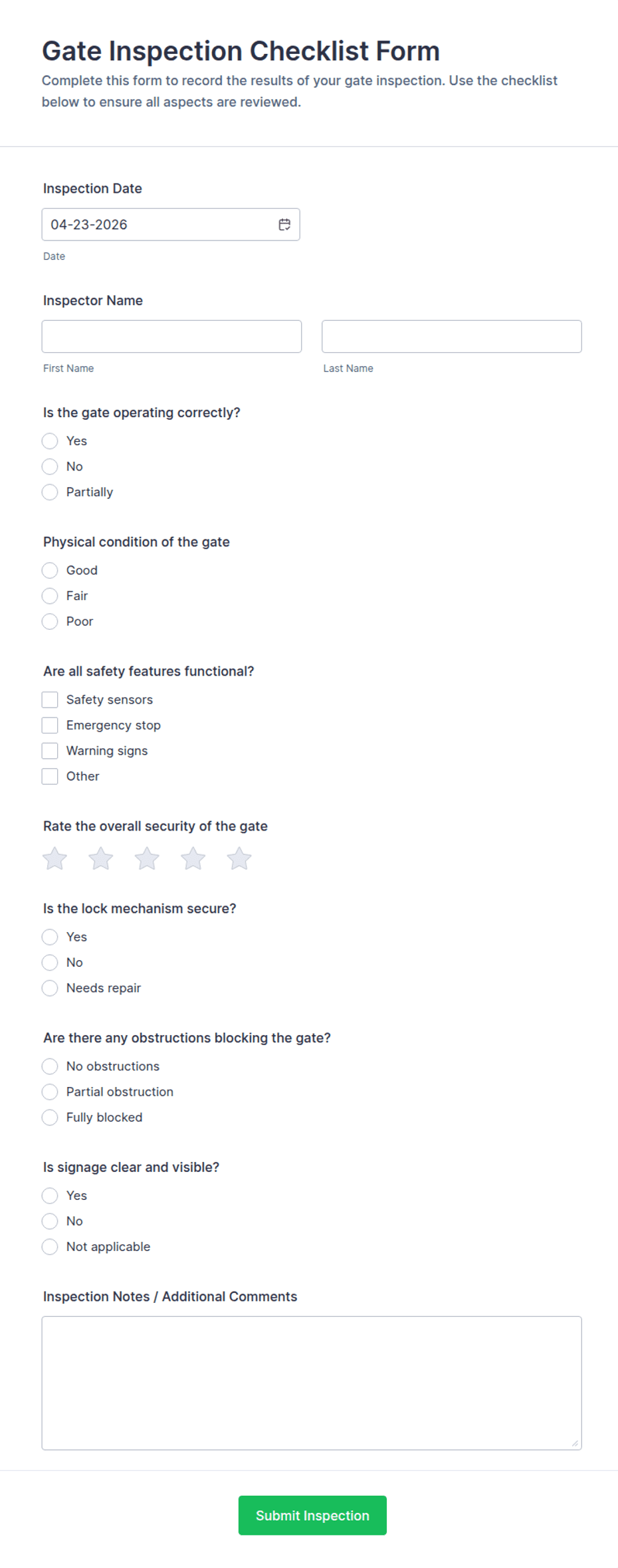 Gate Inspection Checklist Form Template | Jotform