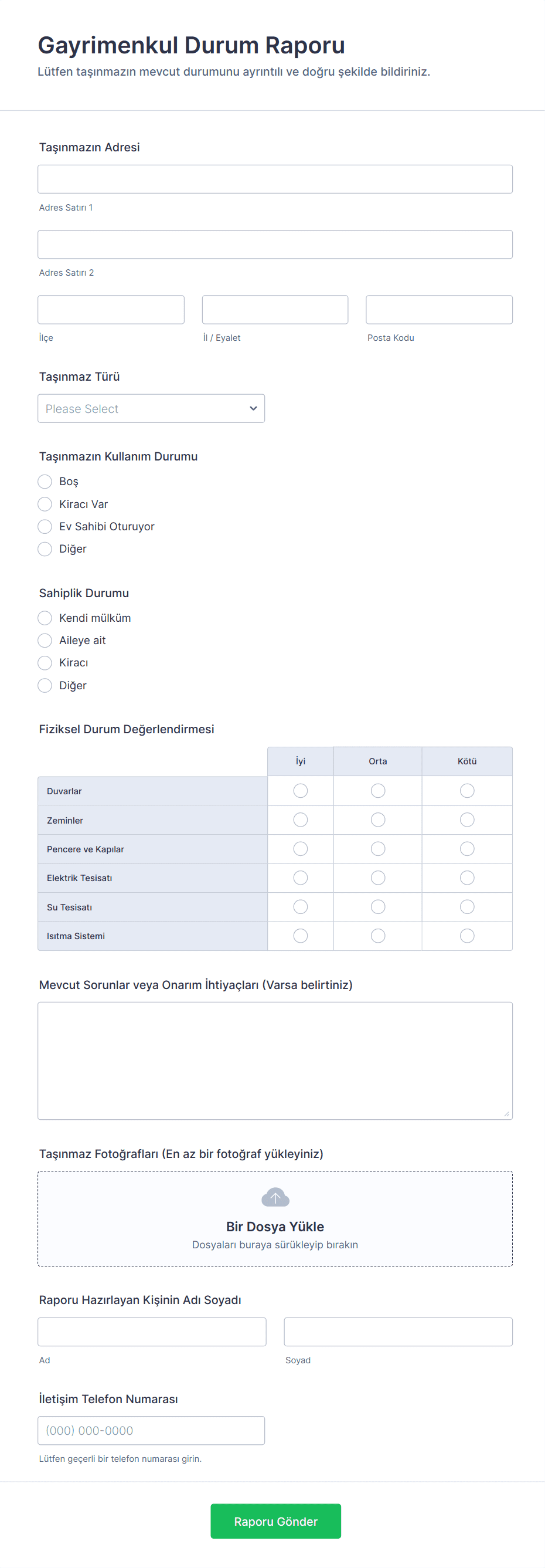 Gayrimenkul Durum Raporu Form Şablonu | Jotform