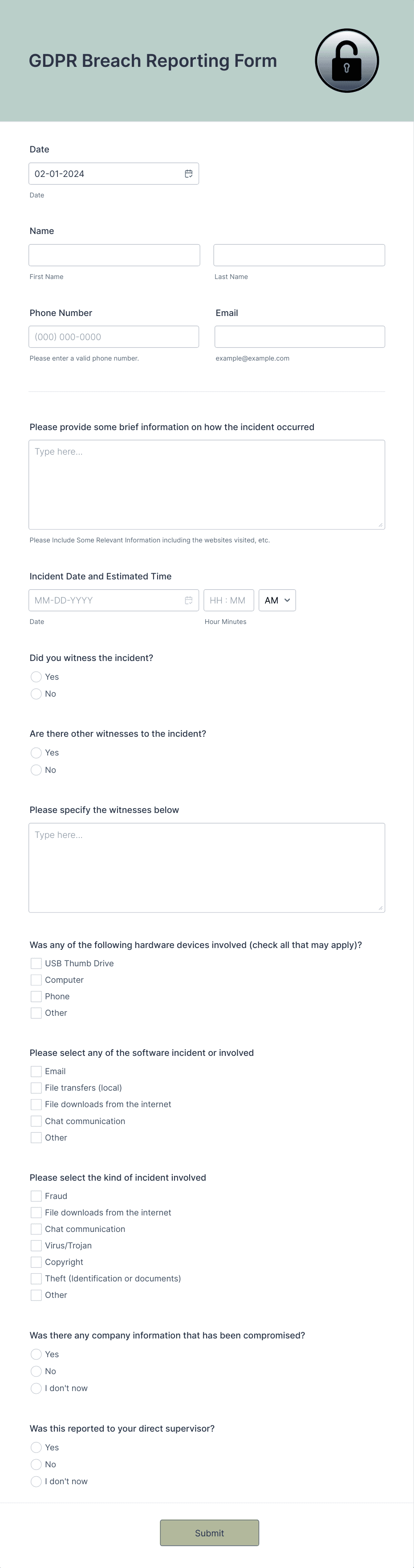 GDPR Breach Reporting Form Template | Jotform
