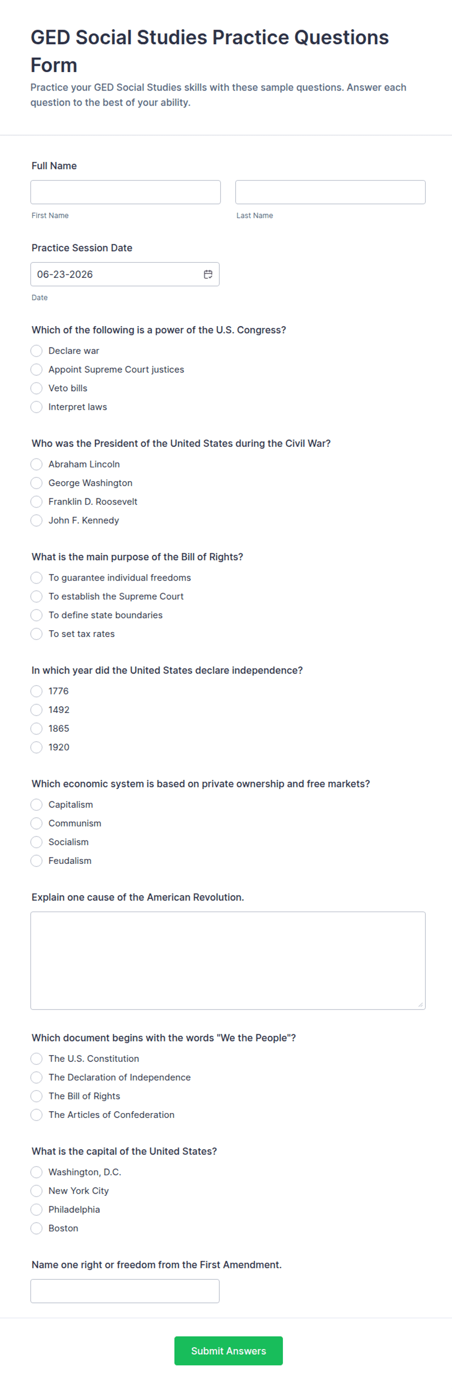 GED Social Studies Practice Questions Form Template | Jotform