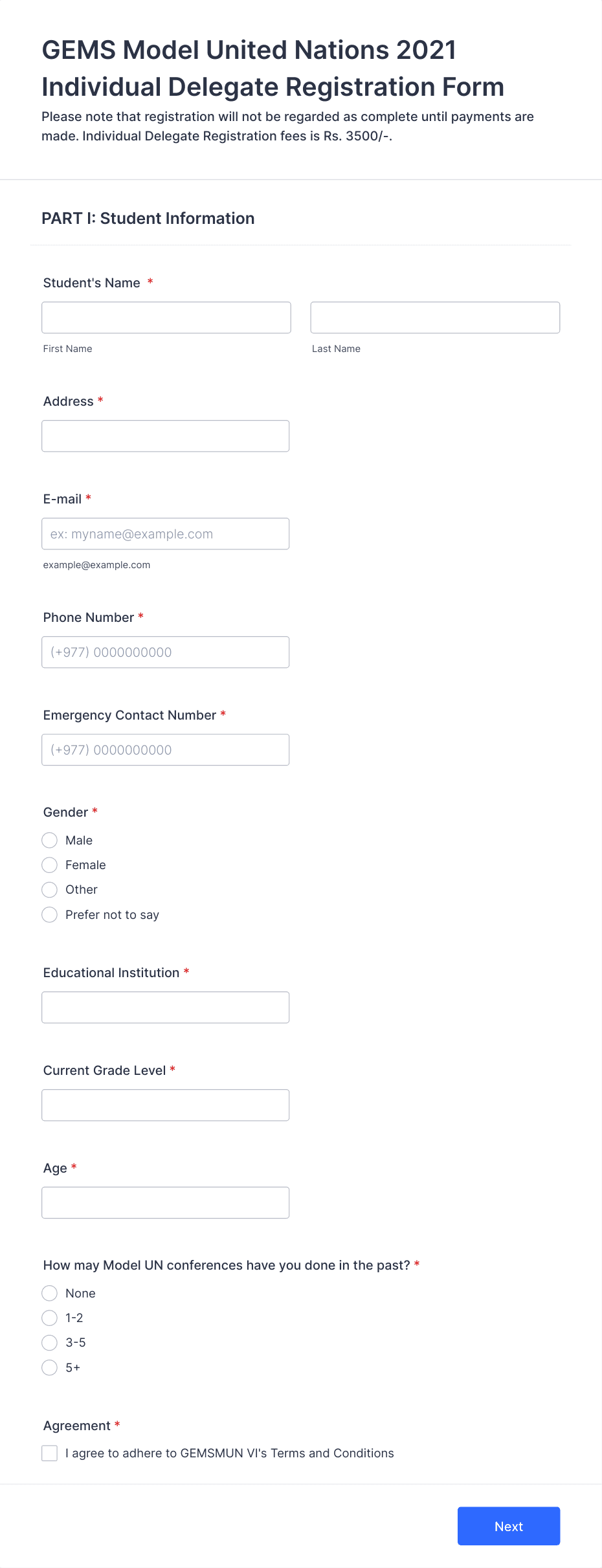 GEMS MUN VI Individual Delegate Registration Form Template | Jotform