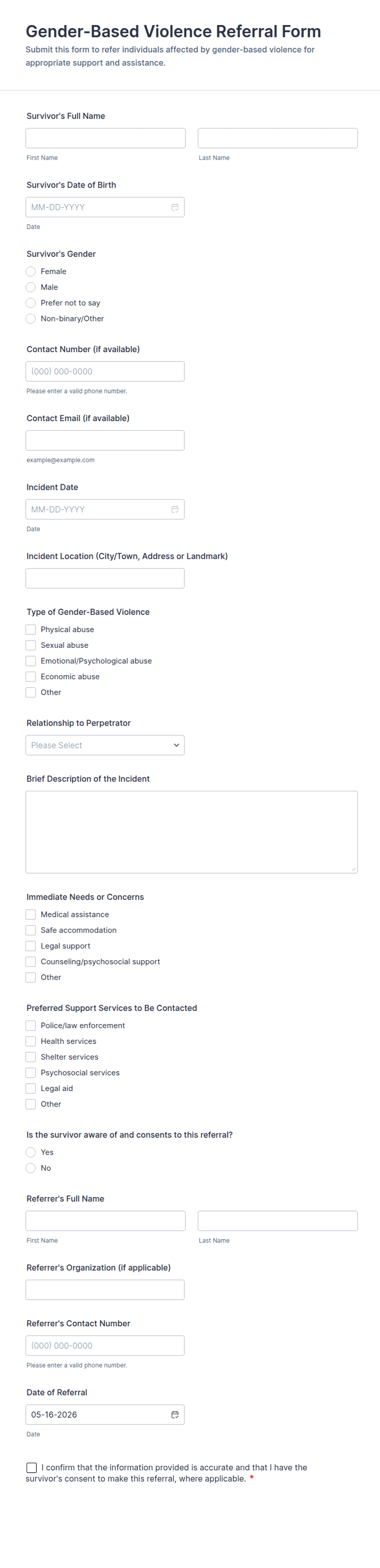 Gender-Based Violence Referral Form Template | Jotform