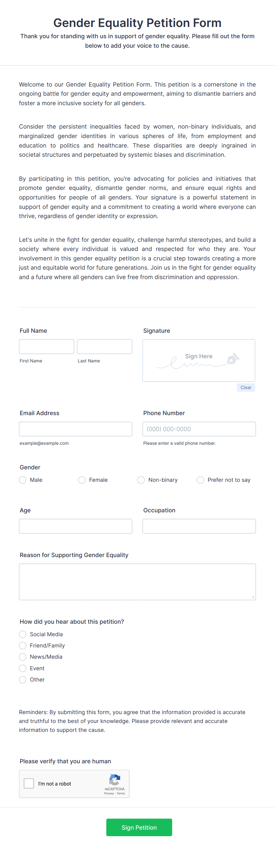 Gender Equality Petition Form Template | Jotform