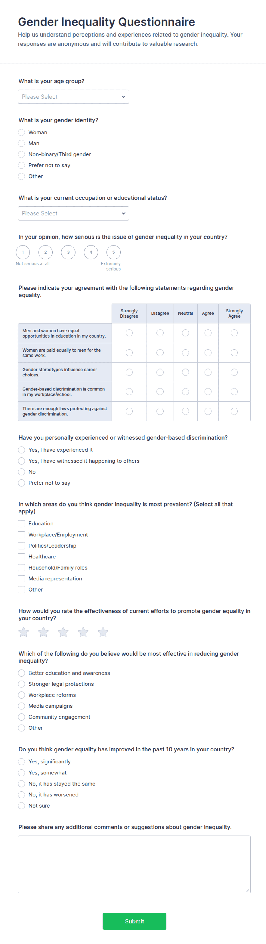 Gender Inequality Questionnaire Form Template | Jotform