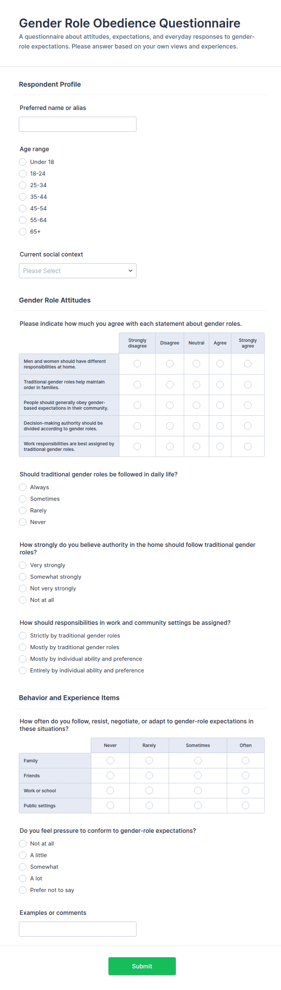 Gender Role Obedience Questionnaire Form Template | Jotform