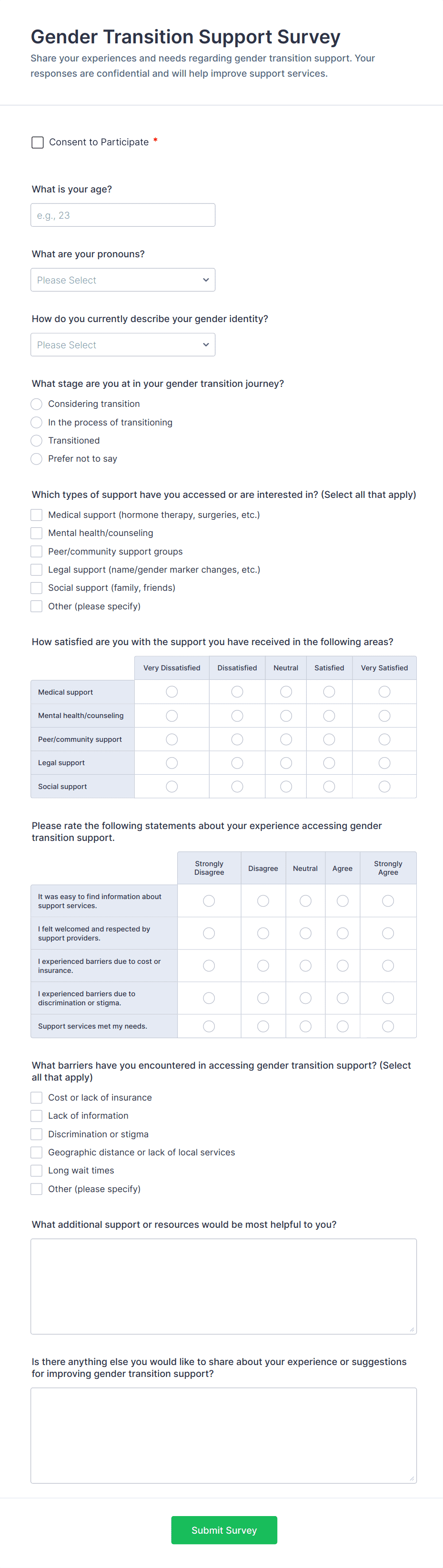 Gender Transition Support Survey Form Template | Jotform