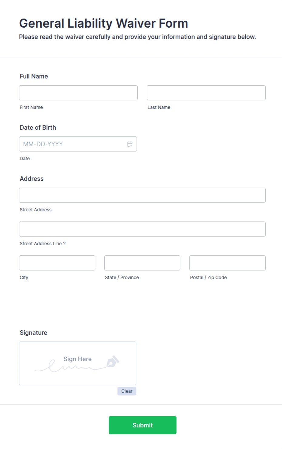 General Liability Waiver Form Template | Jotform
