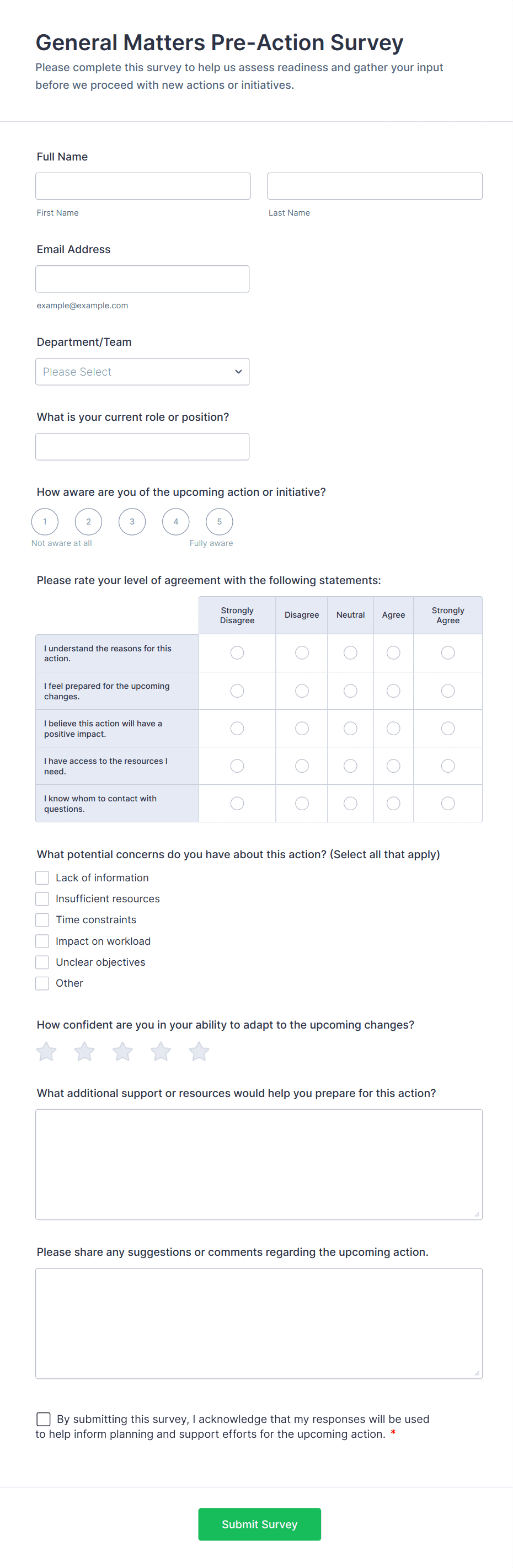 General Matters Pre-Action Survey Form Template | Jotform