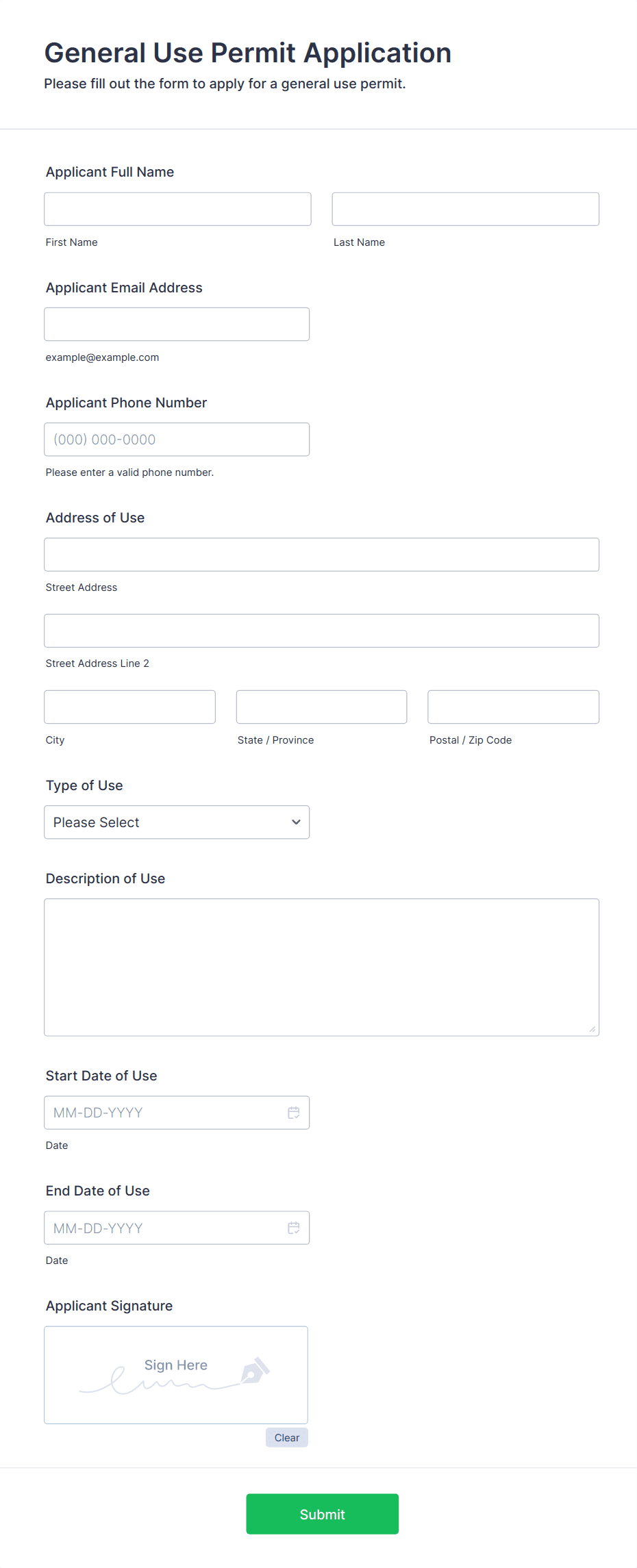 General Use Permit Application Form Template | Jotform