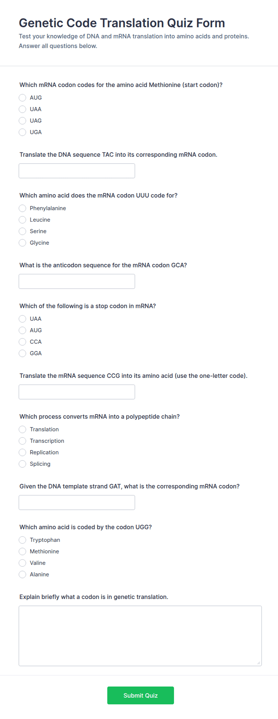 Genetic Code Translation Quiz Form Template | Jotform