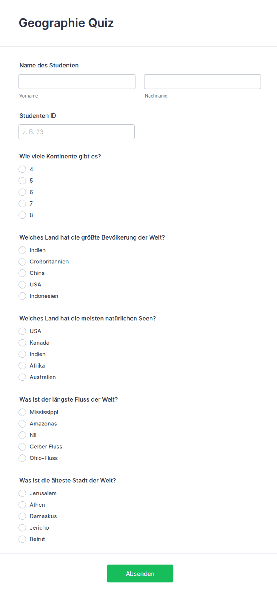 Geographie Quiz Formularvorlage | Jotform