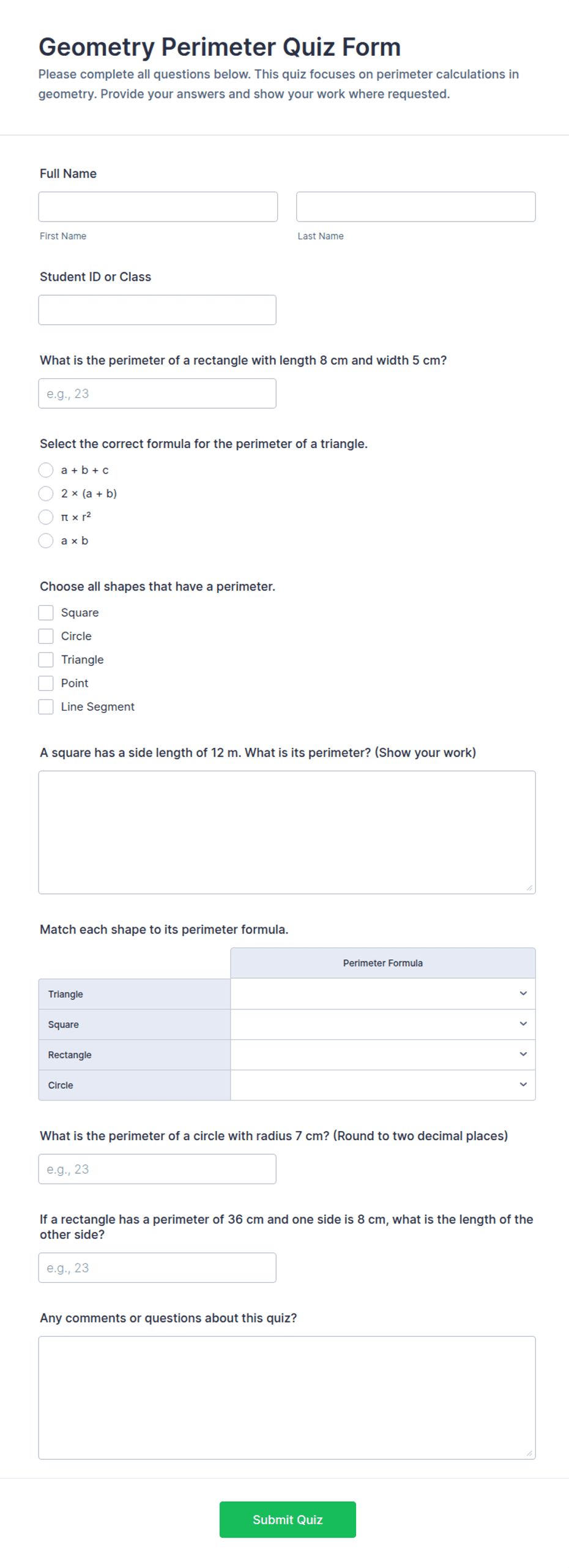 Geometry Perimeter Quiz Form Template | Jotform