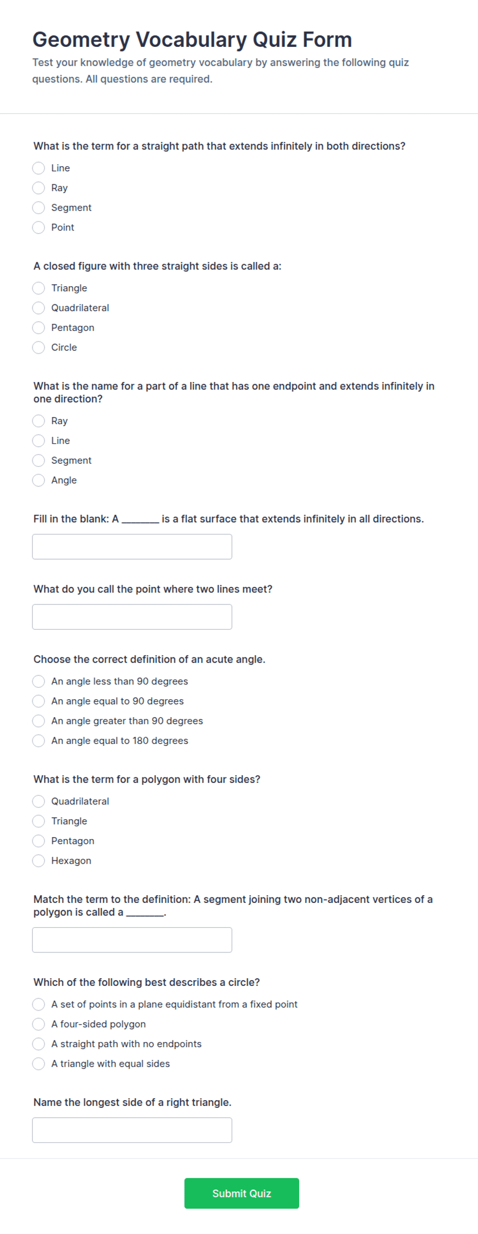 Geometry Vocabulary Quiz Form Template | Jotform