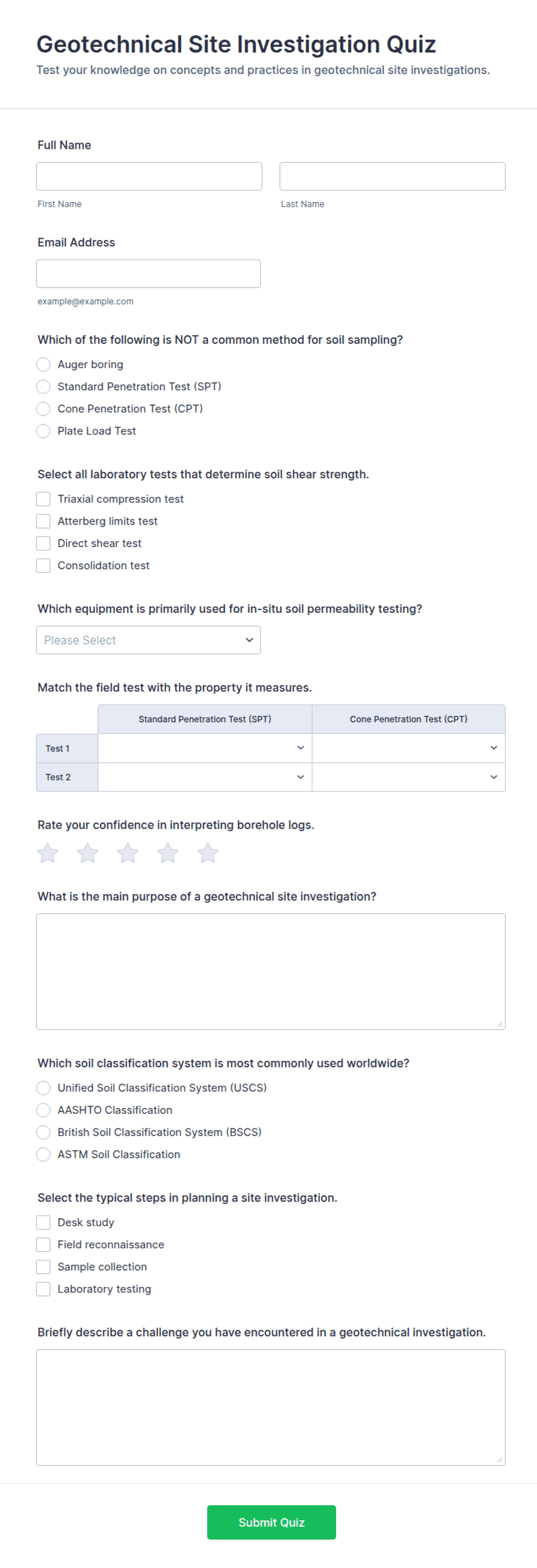 Geotechnical Site Investigation Quiz Form Template | Jotform