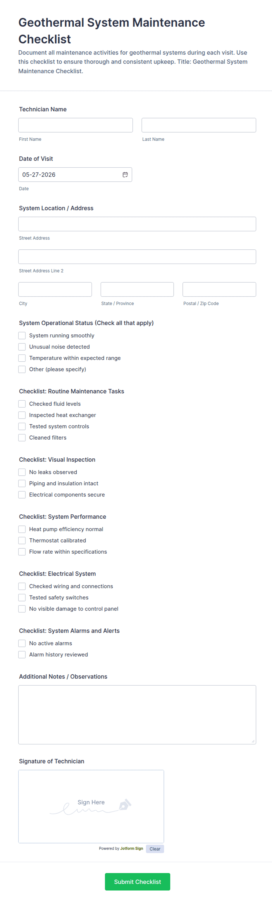 Geothermal System Maintenance Checklist Form Template | Jotform