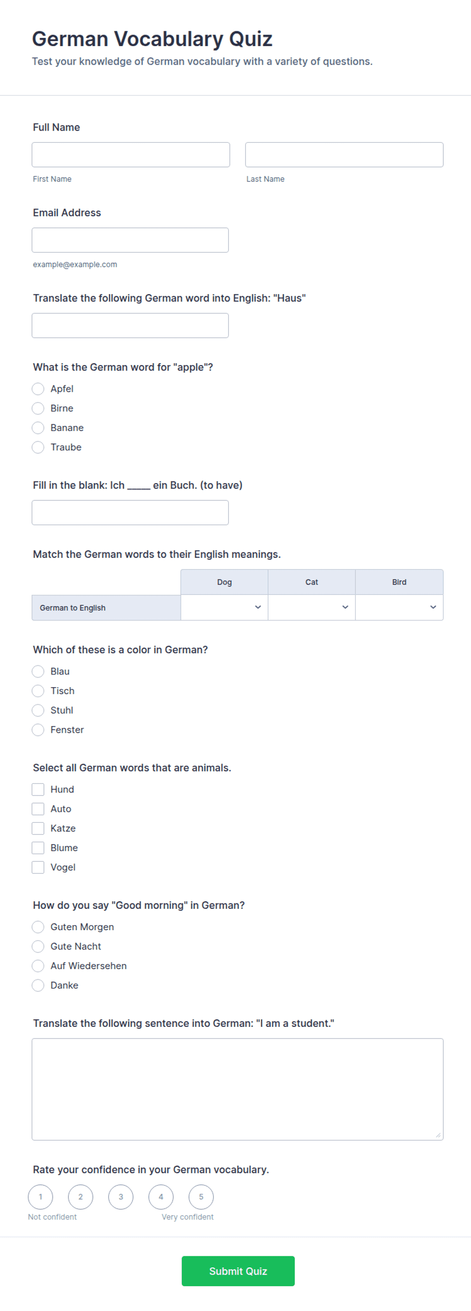 German Vocabulary Quiz Form Template | Jotform