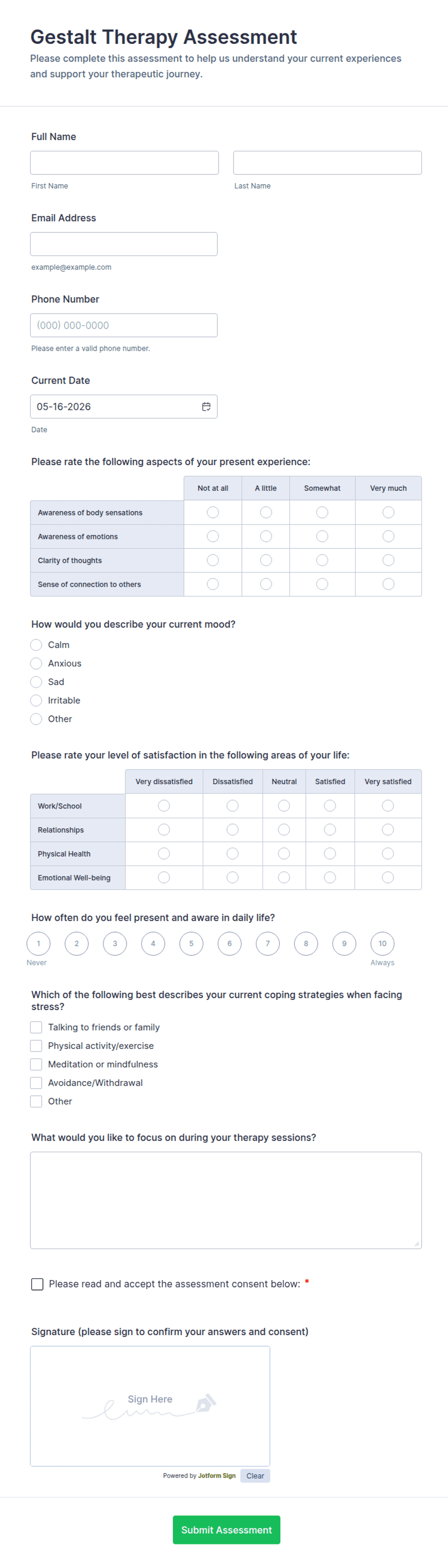 Gestalt Therapy Assessment Form Template | Jotform