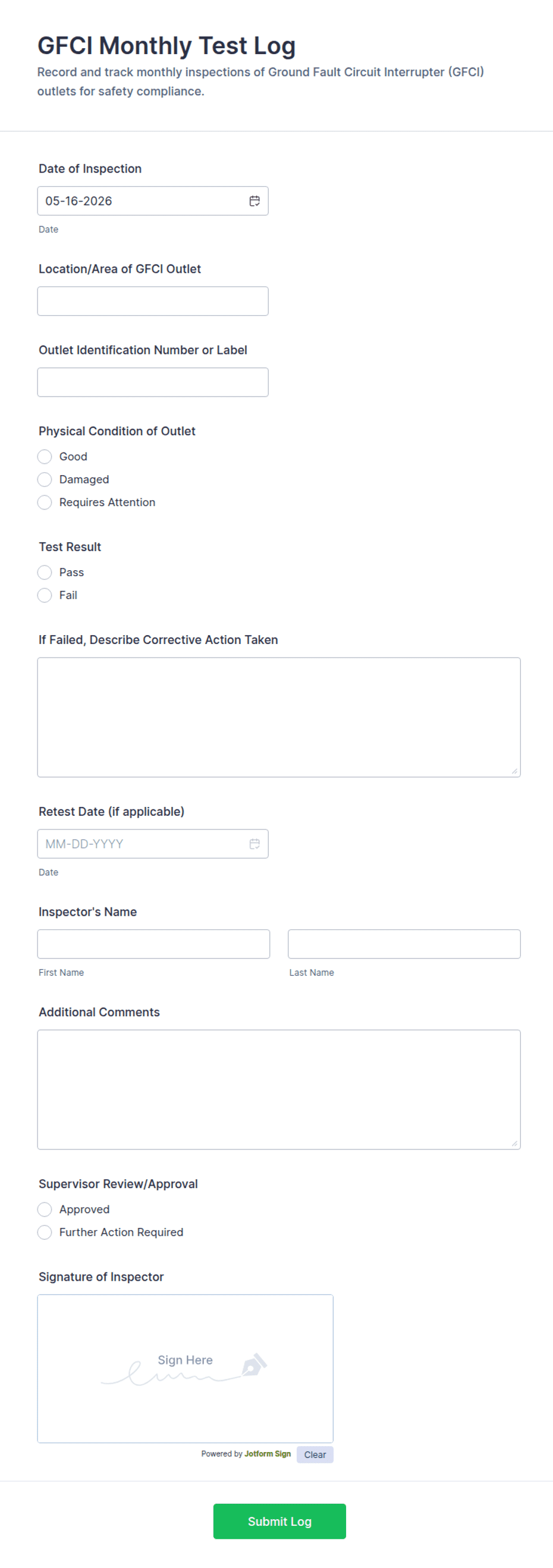GFCI Monthly Test Log Form Template | Jotform