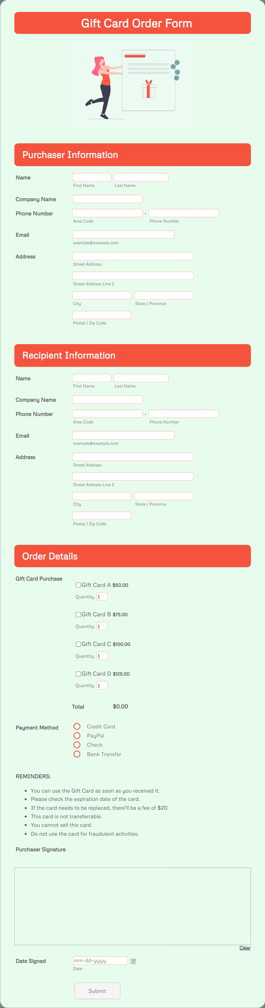 Gift Card Order Form Template | Jotform