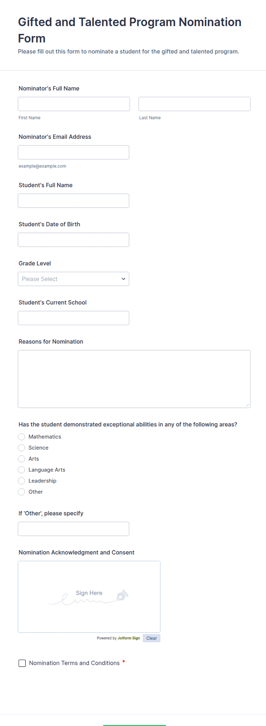 Gifted and Talented Program Nomination Form Template | Jotform