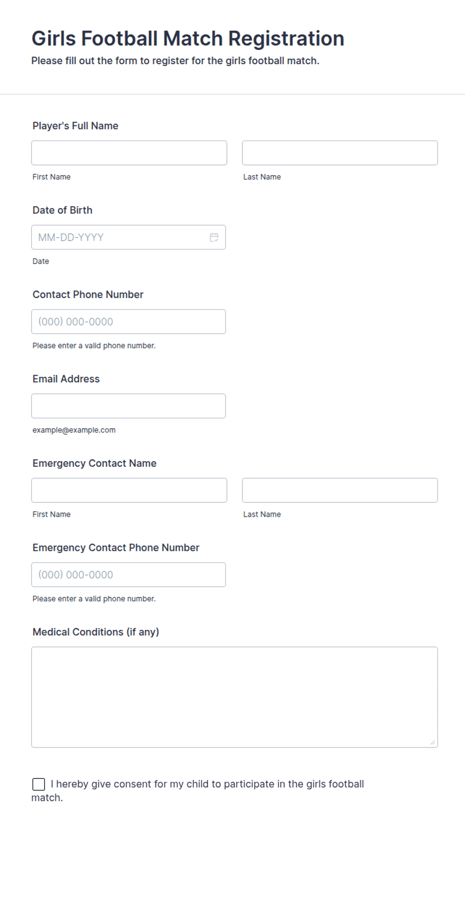 Girls Football Match Registration Form Template | Jotform