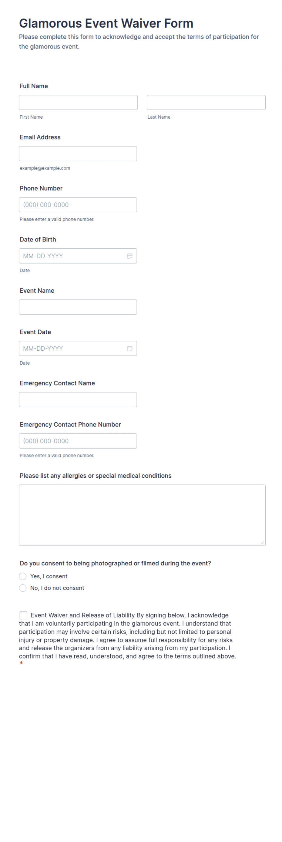 Glamorous Event Waiver Form Template | Jotform
