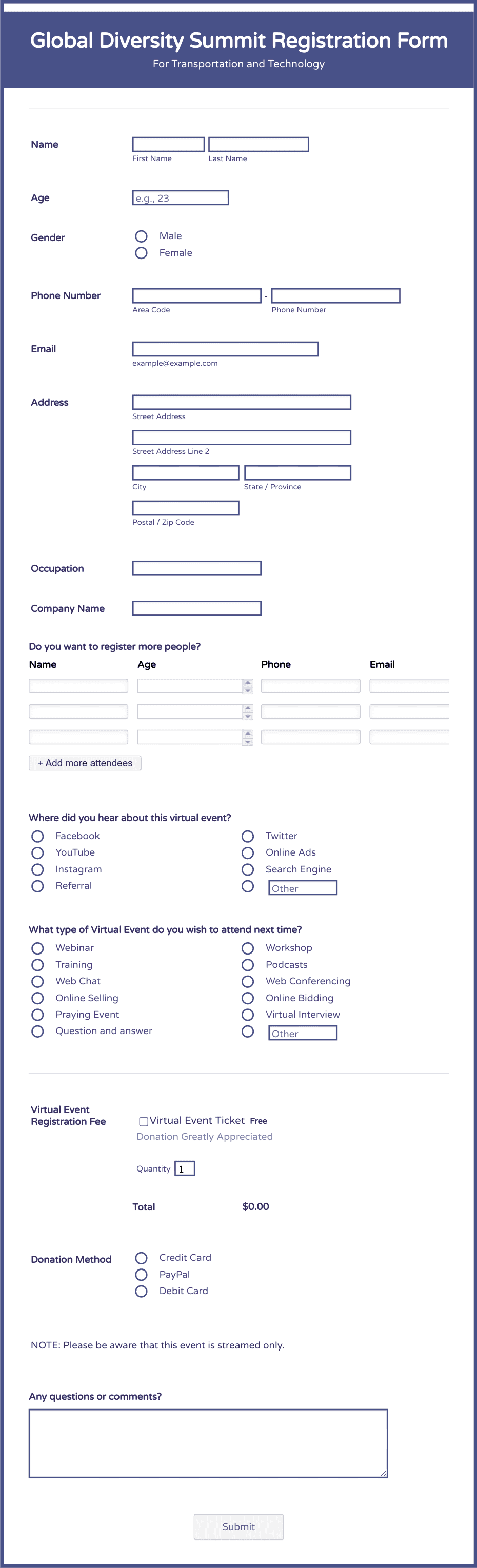 Global Diversity Summit Registration Form Template | Jotform