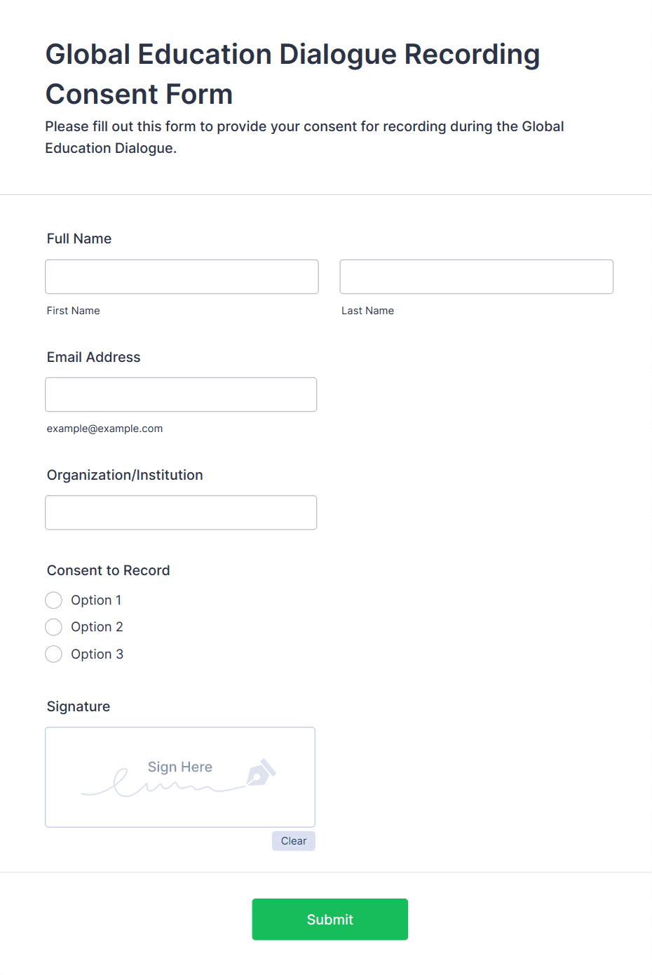 Global Education Dialogue Recording Consent Form Template | Jotform