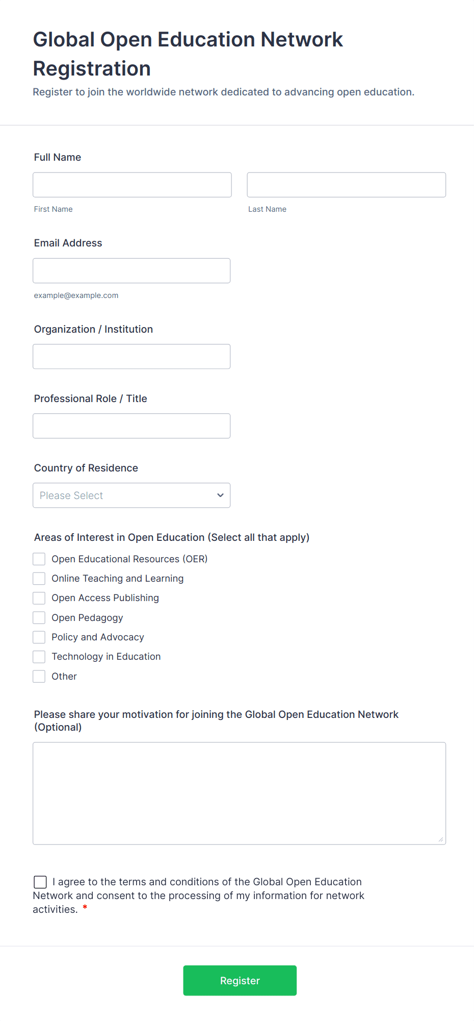 Global Open Education Network Registration Form Template | Jotform