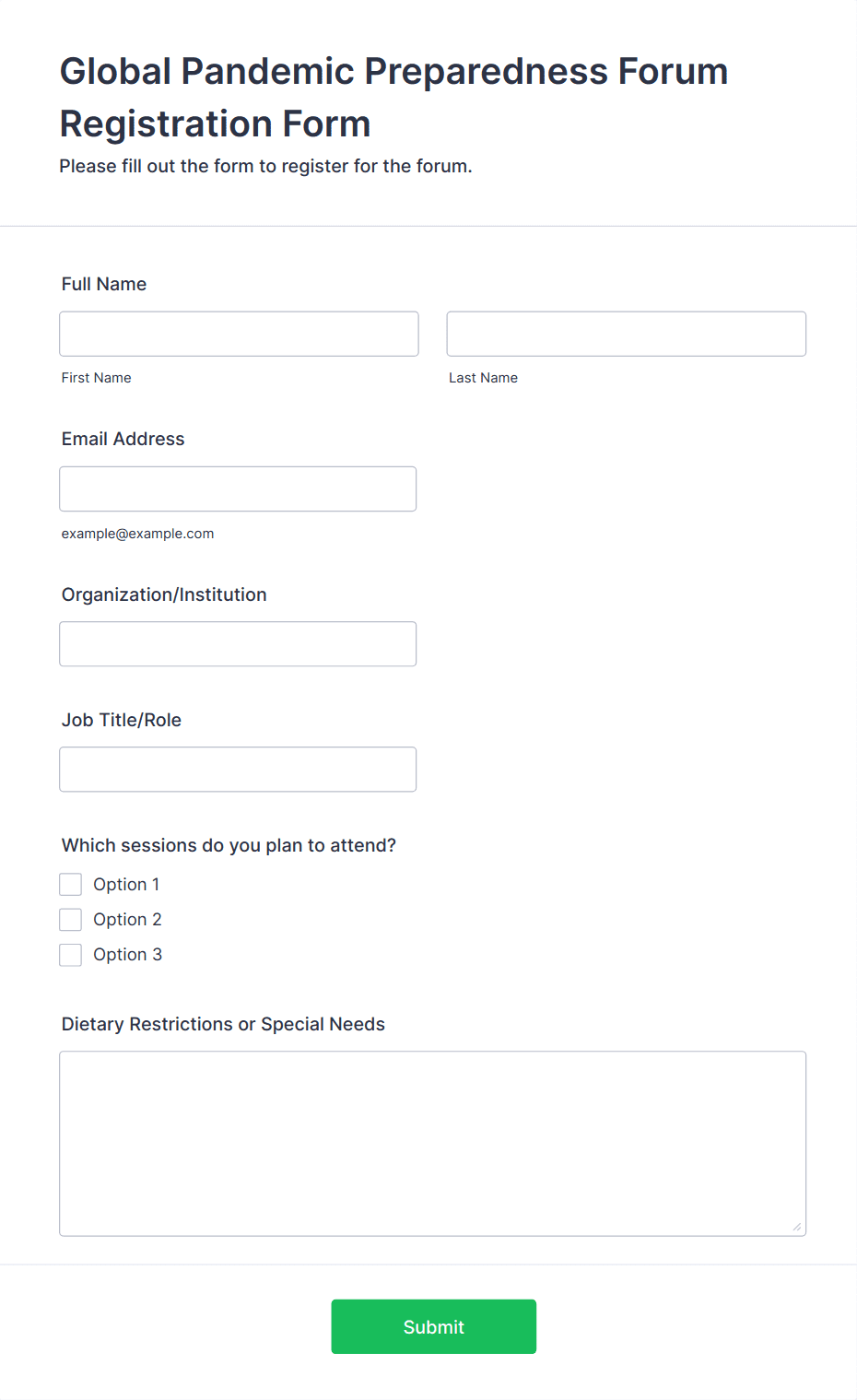 Global Pandemic Preparedness Forum Registration Form Template | Jotform