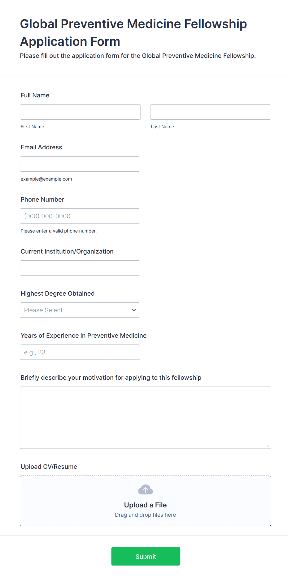 Global Preventive Medicine Fellowship Application Form Template | Jotform