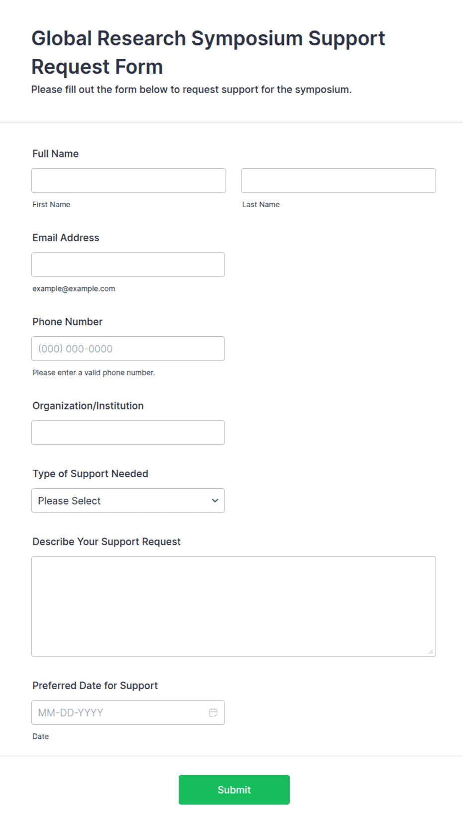Global Research Symposium Support Request Form Template | Jotform