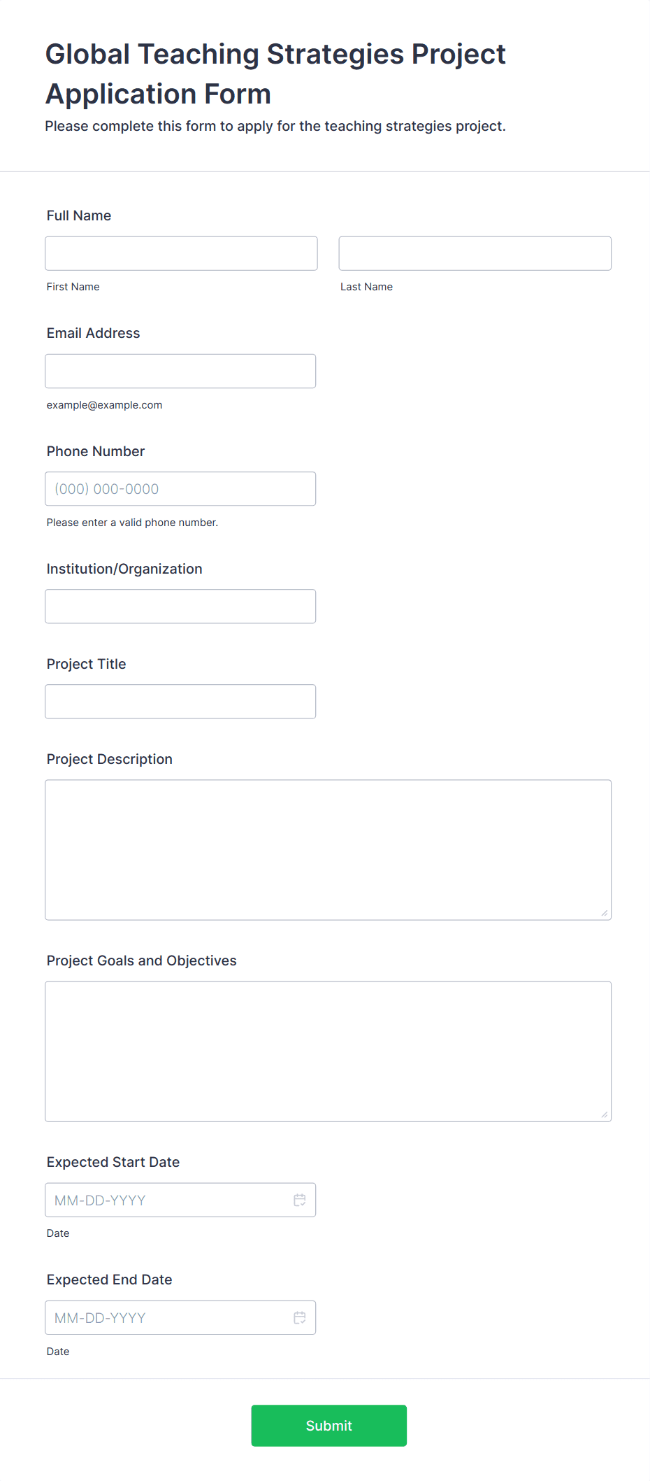 Global Teaching Strategies Project Application Form Template Jotform