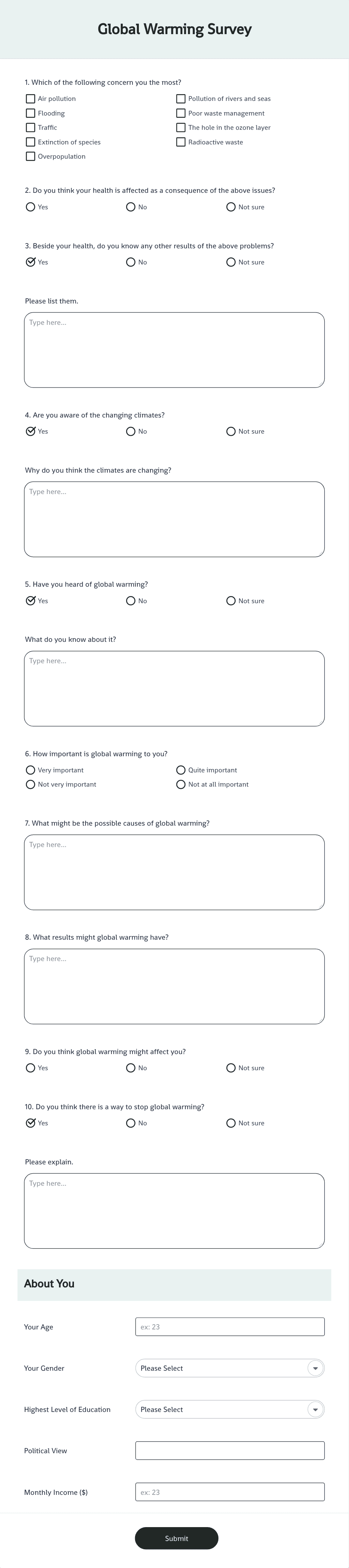 Global Warming Survey Form Template | Jotform