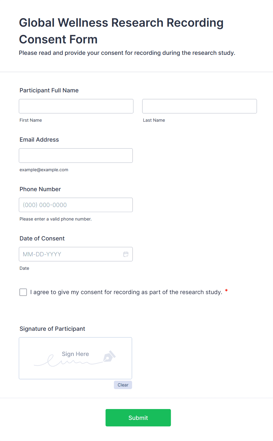 Global Wellness Research Recording Consent Form Template | Jotform
