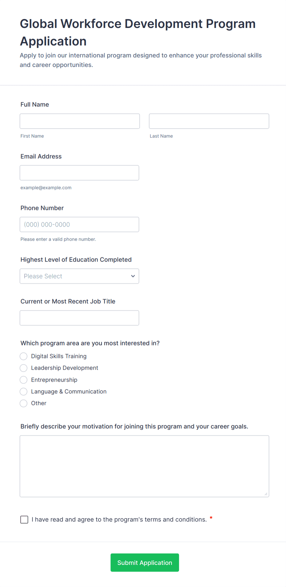 Global Workforce Development Program Application Form Template | Jotform