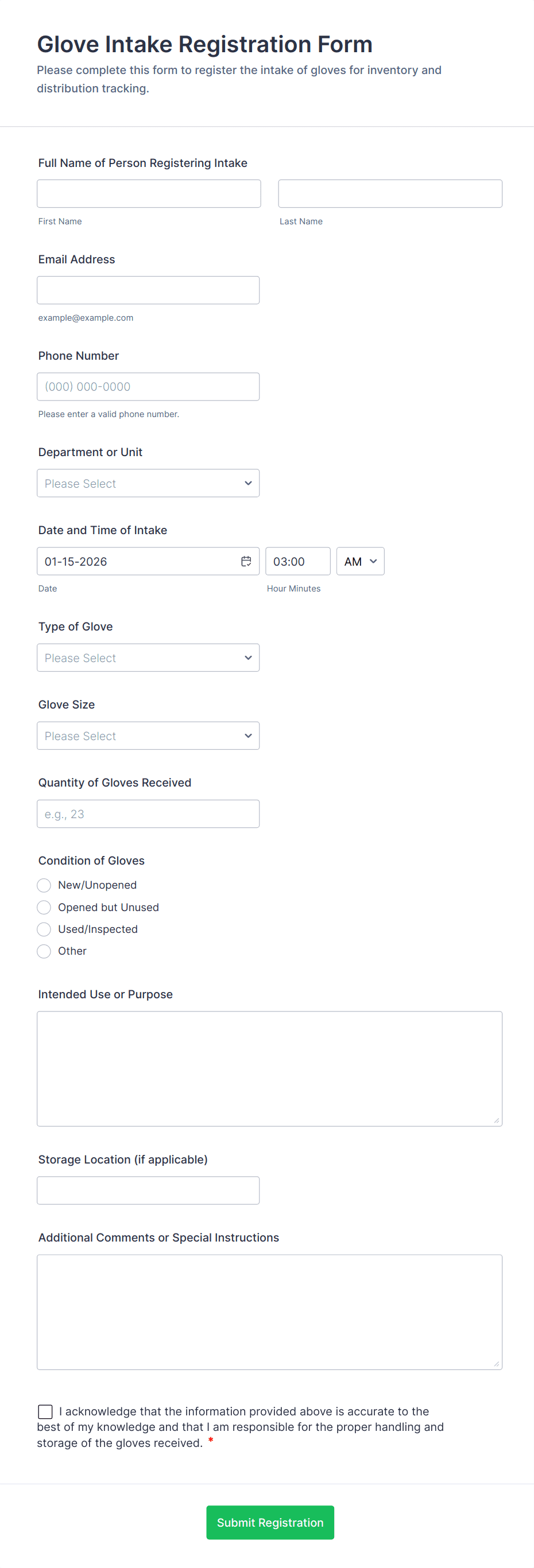 Glove Intake Registration Form Template | Jotform